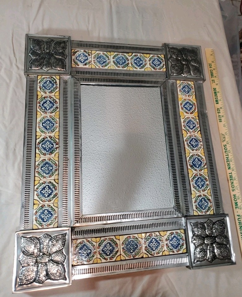 Silver Punched Tin Talavera Tile Mirror Mexican Folk Art 19" By 23 ...