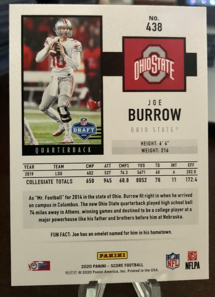 JOE BURROW ROOKIE CARD JERSEY #10 OHIO STATE RC LSU 2020 Panini Score ...