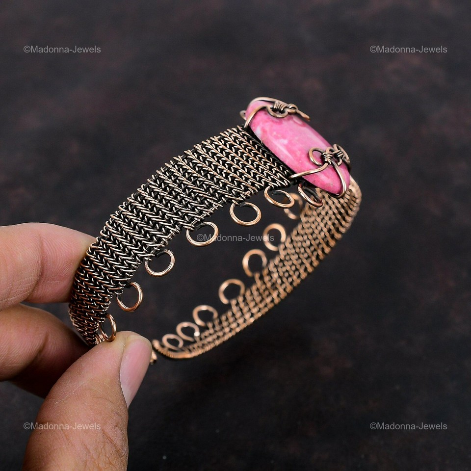 Thulite Gemstone Jewelry Copper Love Gift Wire Wrapped Cuff Adjustable ...