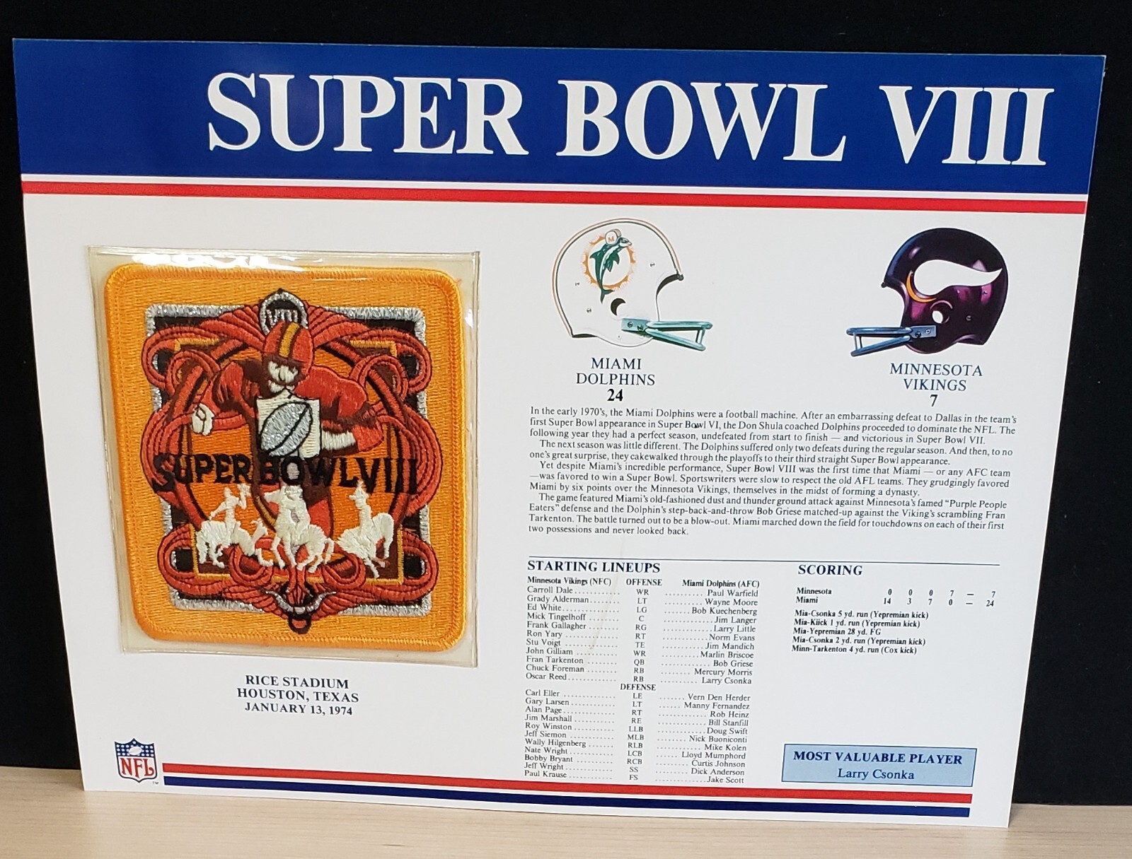 SUPER BOWL 8 DOLPHINS - VIKINGS Willabee & Ward OFFICIAL NFL SB VIII ...