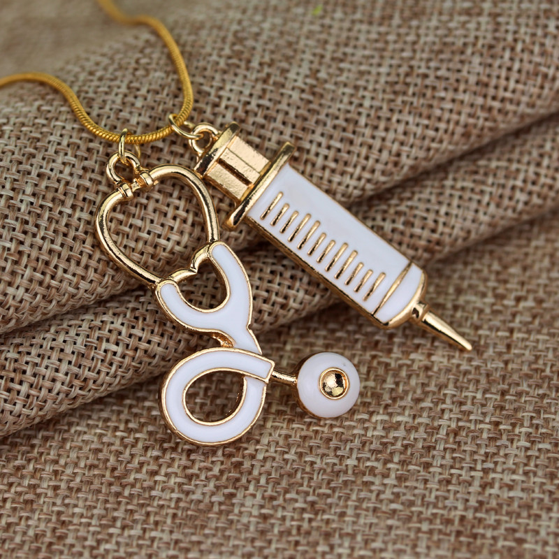 Gold Tone RN Nursing Necklace Stethoscope Syringe Needle Graduation ...