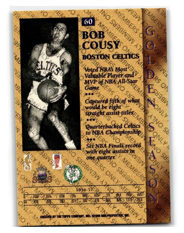 1996-97 Topps NBA Stars #60 Bob Cousy GS Members Only - Boston Celtics ...