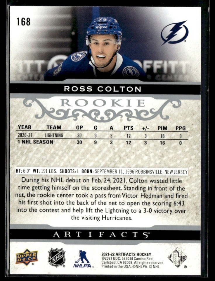 2021-22 Upper Deck Artifacts Ross Colton Rookie /999 Tampa Bay Lightning #168 | eBay