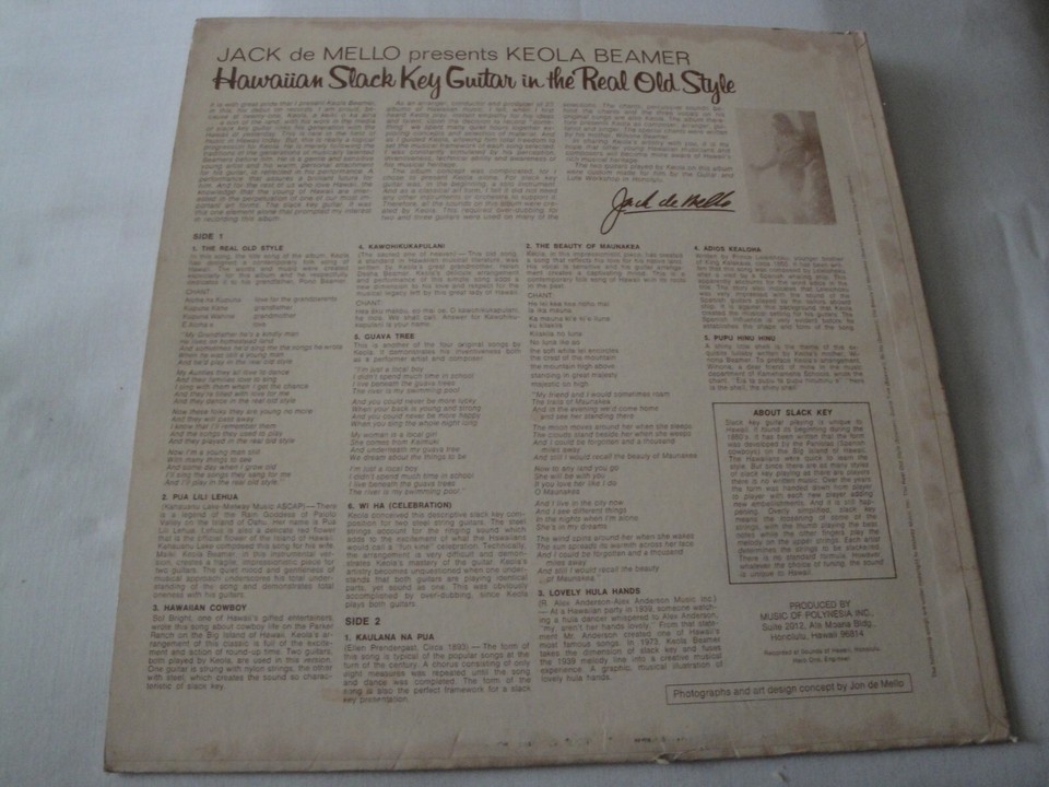 Jack De Mello Presents Keola Beamer Vinyl Lp ALBUM HAWAIIAN SLACK KEY ...