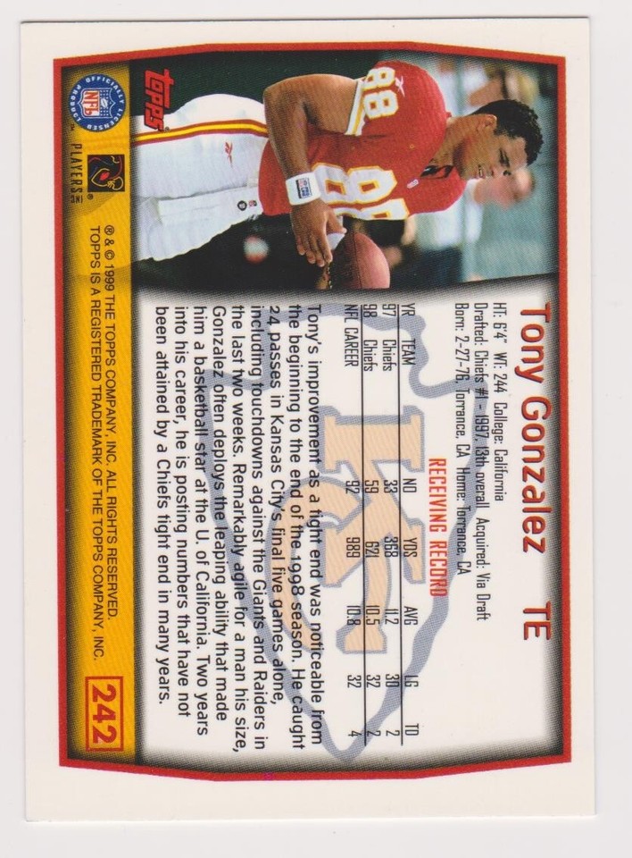 1999 Topps Tony Gonzalez card #242 Kansas City Chiefs NFL HOF | eBay
