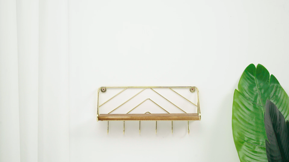 Modern Brass Metal & Burnt Wood Key Holder Rack w/ Hook & Floating ...