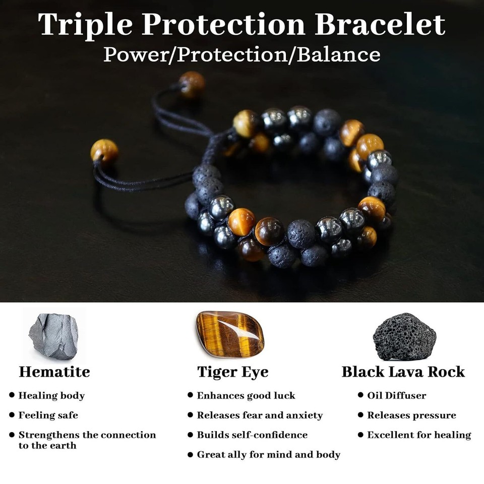 Triple Protection Bracelets Women Men Genuine Tigers Eye 8MM Beads ...