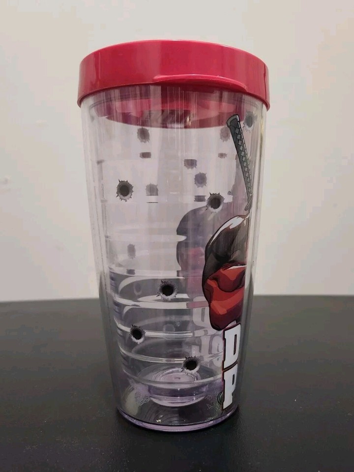 Deadpool Plastic Cup With Lid Double Walled Bullet Holes NEW | eBay