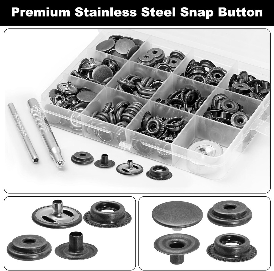 260/pcs Heavy Duty Snap Fasteners Press Studs Kit +Poppers Leather ...