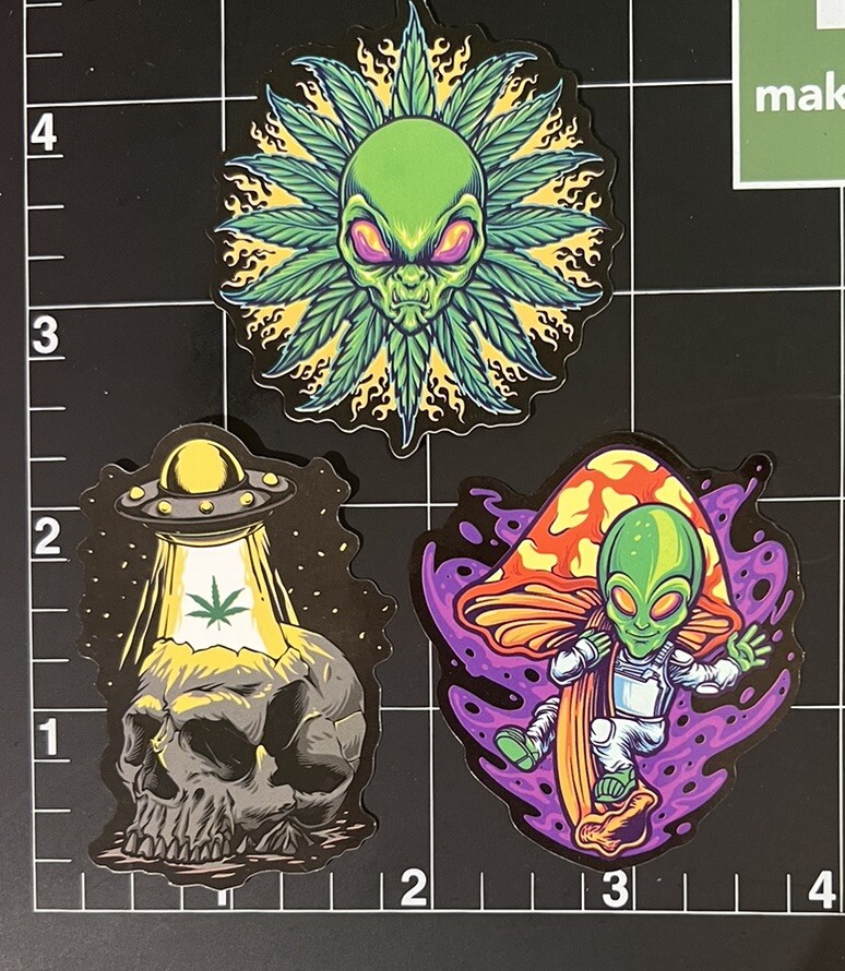 Lot of 3 Skull Alien Mushroom Gun Marijuana Weed vinyl skateboard ...
