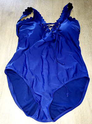 WOMEN solid DARK BLUE 1 PC SWIM SWIMMING SUIT size XL ties on front ...