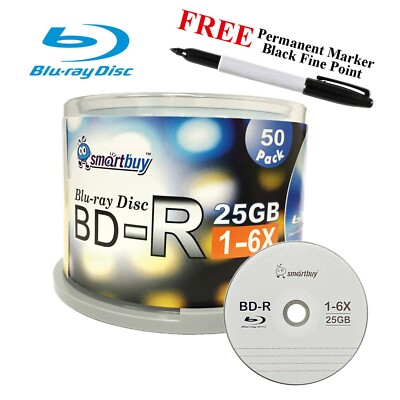 50 Smartbuy Logo BD-R 6X 25GB Blu-ray Blank Media Disc + Black ...