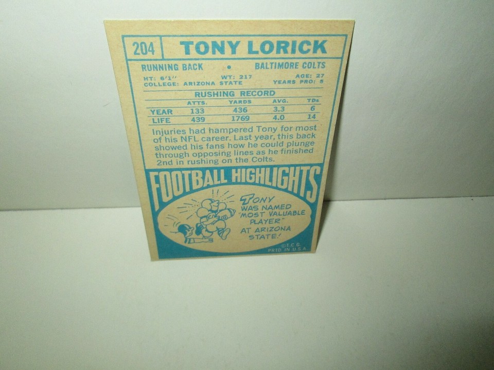 TONY LORICK 1968 Football card Topps #204 Vintage BALTIMORE COLTS RB Nm ...