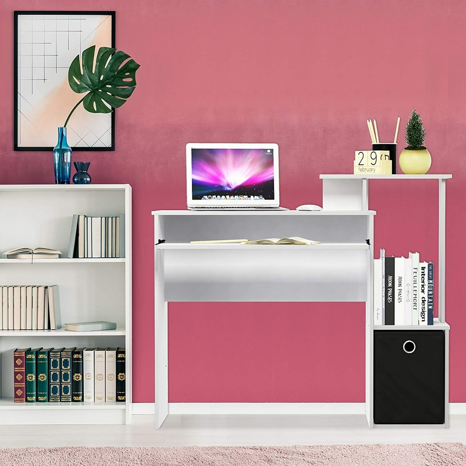 White Finish Student Desk Storage Bin Laptop Computer Table Office ...