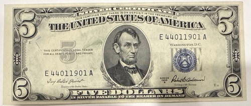 Series 1953-A 5 Dollar Bill Silver Certificate Uncirculated Slight ...
