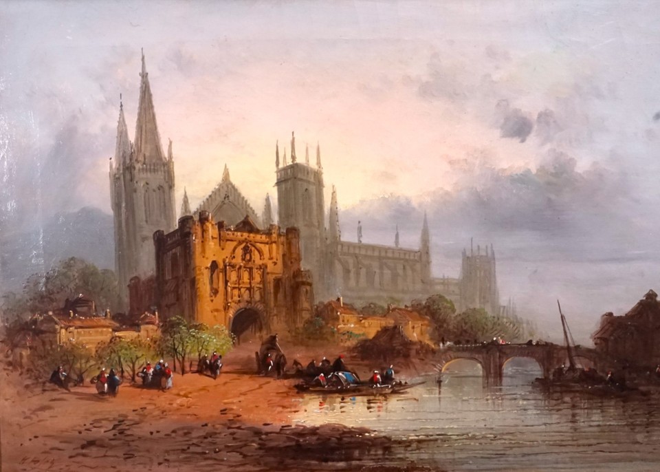 FINE c1870 VIEW of CATHEDRAL TOWN HENRY FOLEY 1818-1874 Antique Oil ...