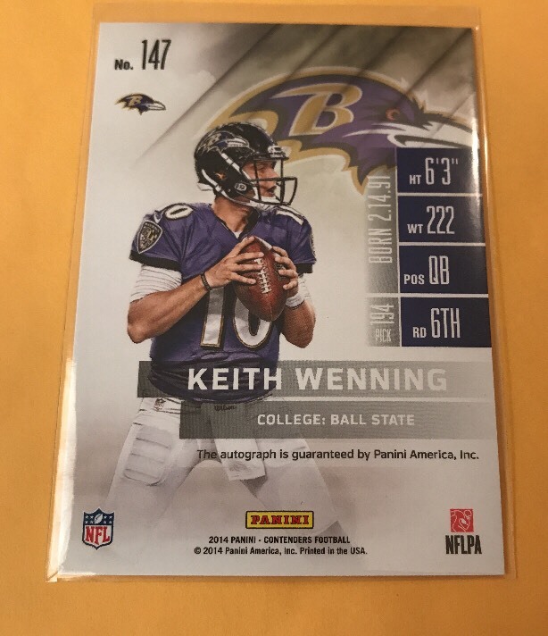 KEITH WENNING RAVENS SIGNED RC 2014 PANINI AUTOGRAPH ROOKIE CARD BALL ...
