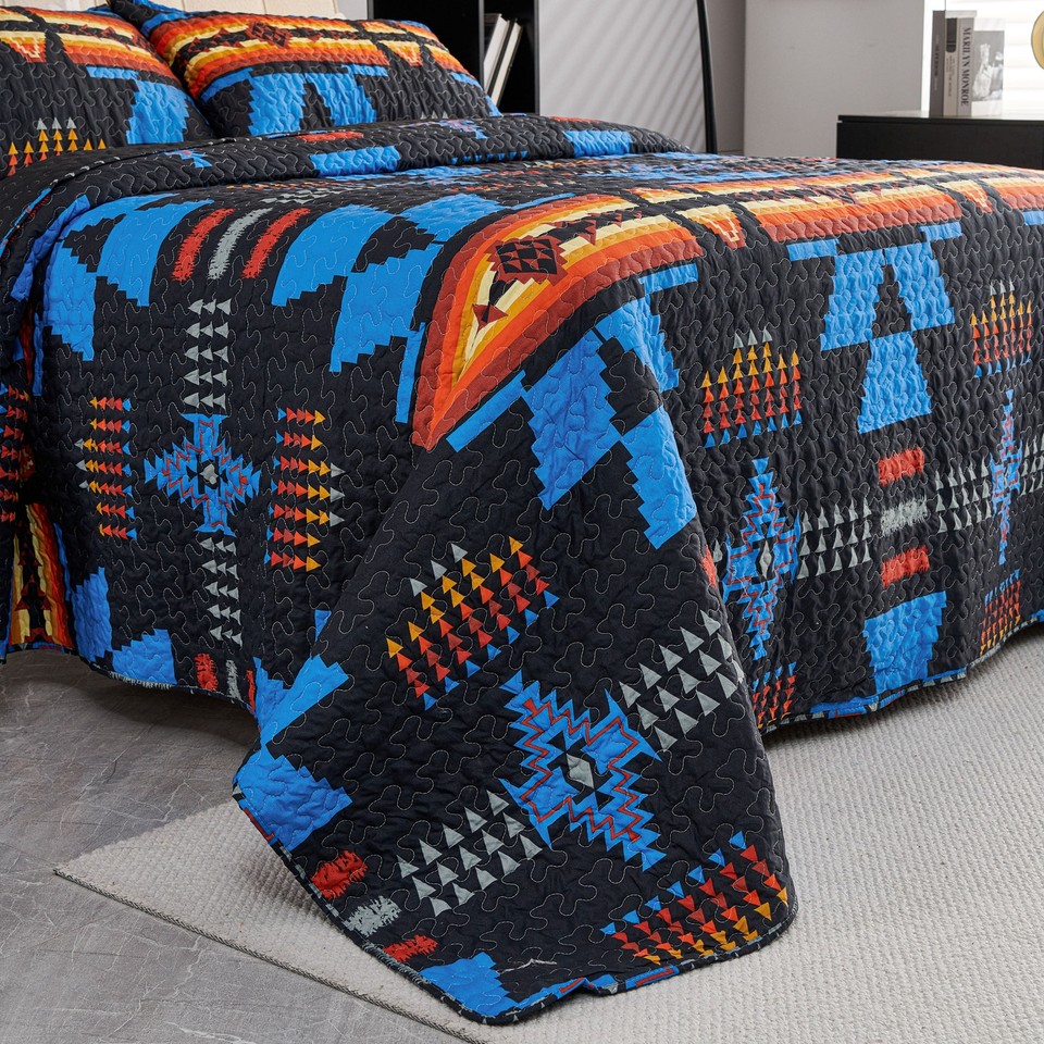 3Pcs Boho Colorful Polyester Quilt Set Geometry Printed Bedspread ...