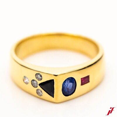 Ring 750/18K Yellow Gold Sapphire Ruby Diamonds 0.95ct Size 60 - Value ...