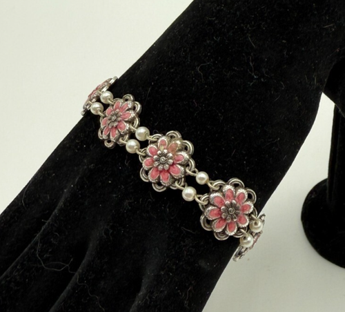 BRIGHTON Pink Enamel Flower Floral Faux Pearl Bracelet | eBay