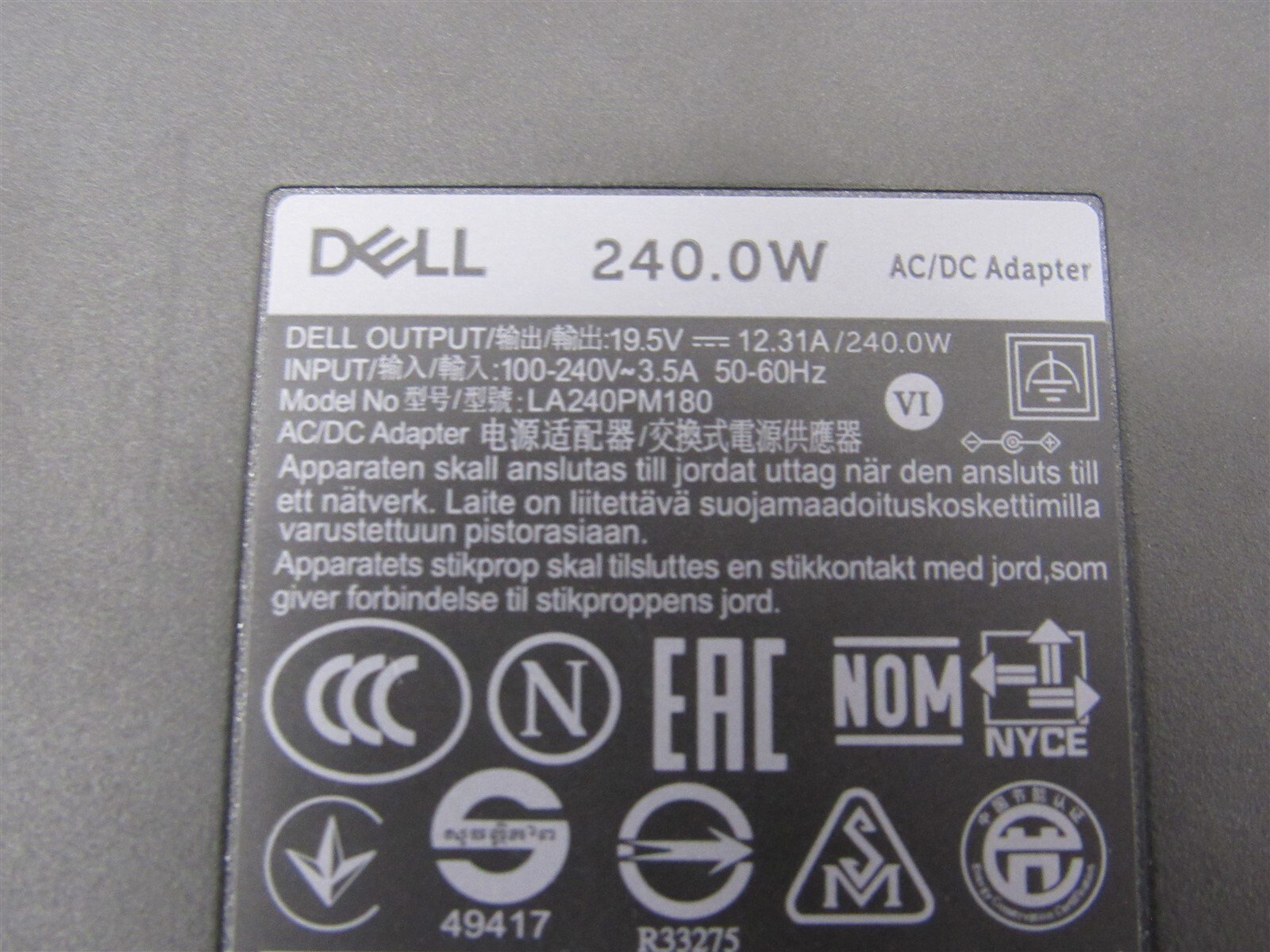 Genuine Dell 240W AC Power Adapter Alienware Laptop Charger 7XCR6 RYJJ9 ...