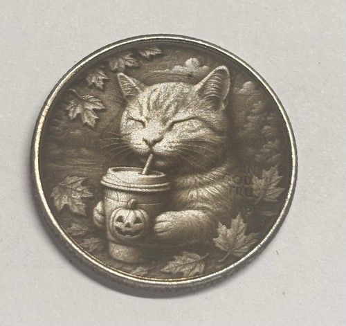 HOBO Nickel Folk Art Love Token Engraved Coin Cat Autumn pumpkin Spice ...