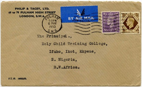 GB to SOUTHERN NIGERIA PHILIP + TACEY PERFIN AIRMAIL 1953 IFUKO 1s + 3d ...