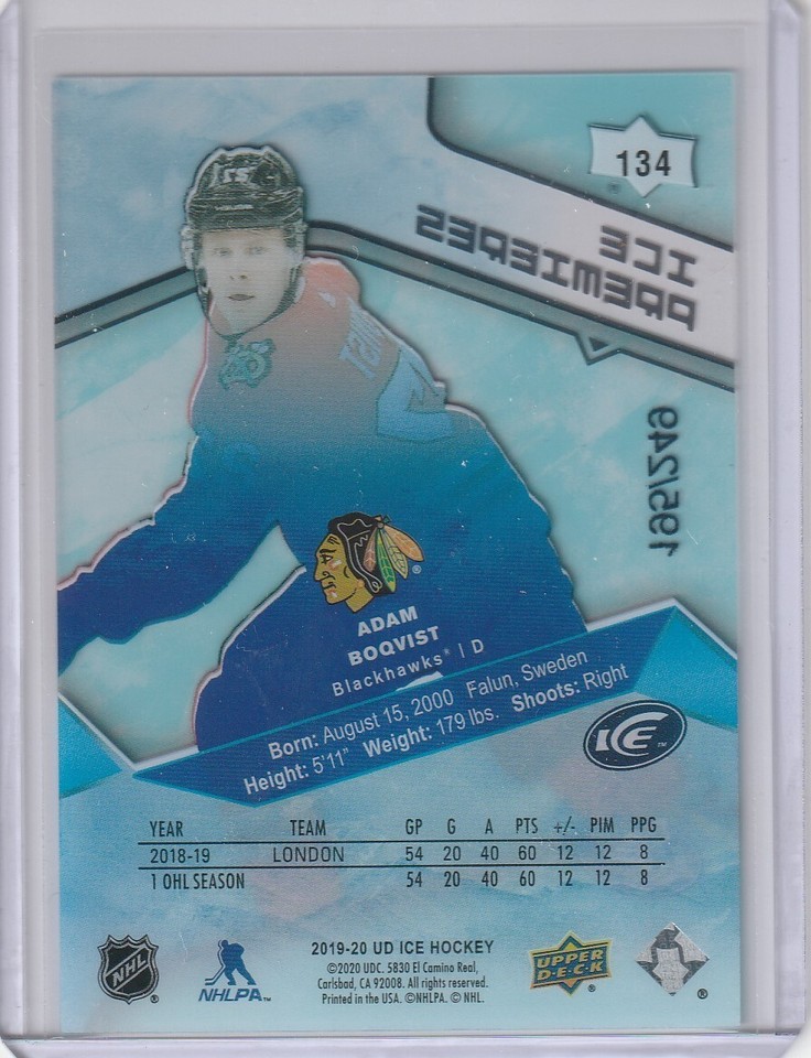 ADAM BOQVIST Blackhawks 2019/20 Upper Deck Ice #134 Ice Premier RC /249 ...