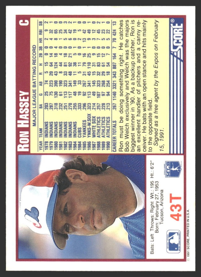 Ron Hassey #43T 1991 Score Rookie & Traded Montreal Expos | eBay