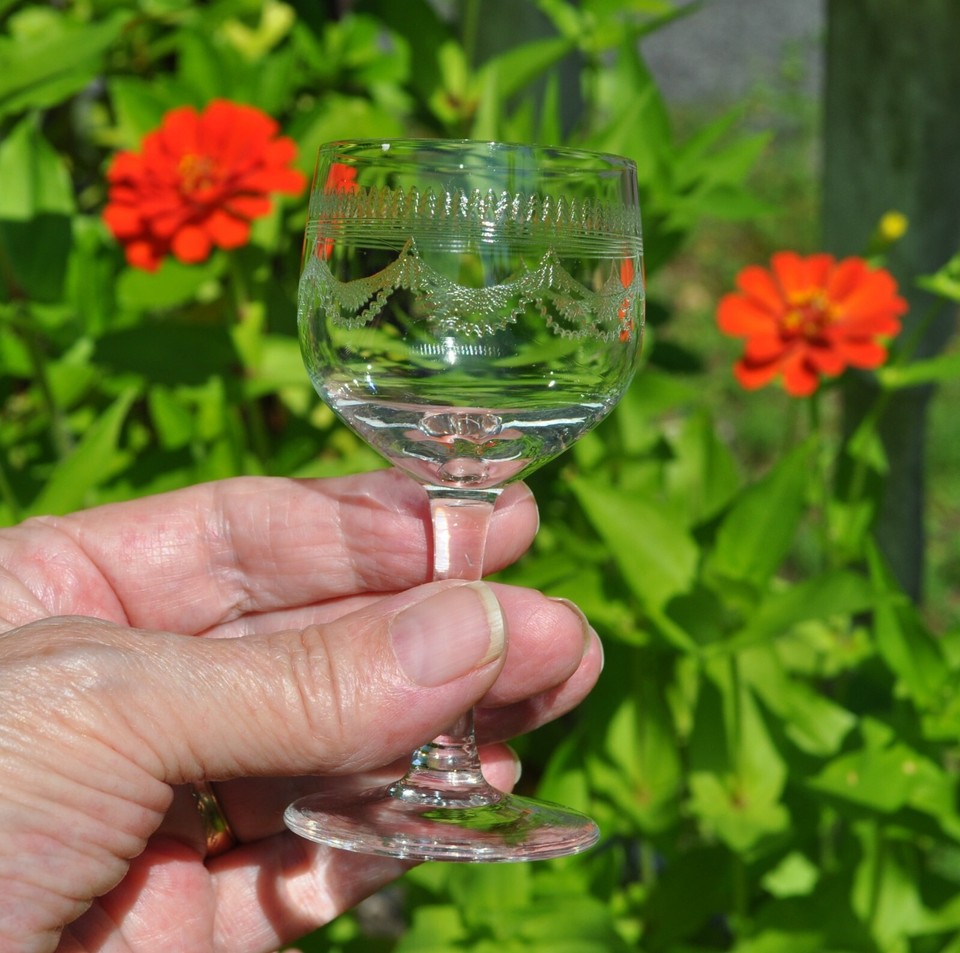 Crystal Cordial Glasses Lot/4 Etched Scroll & Line Swag 4" Tall Shrimp ...