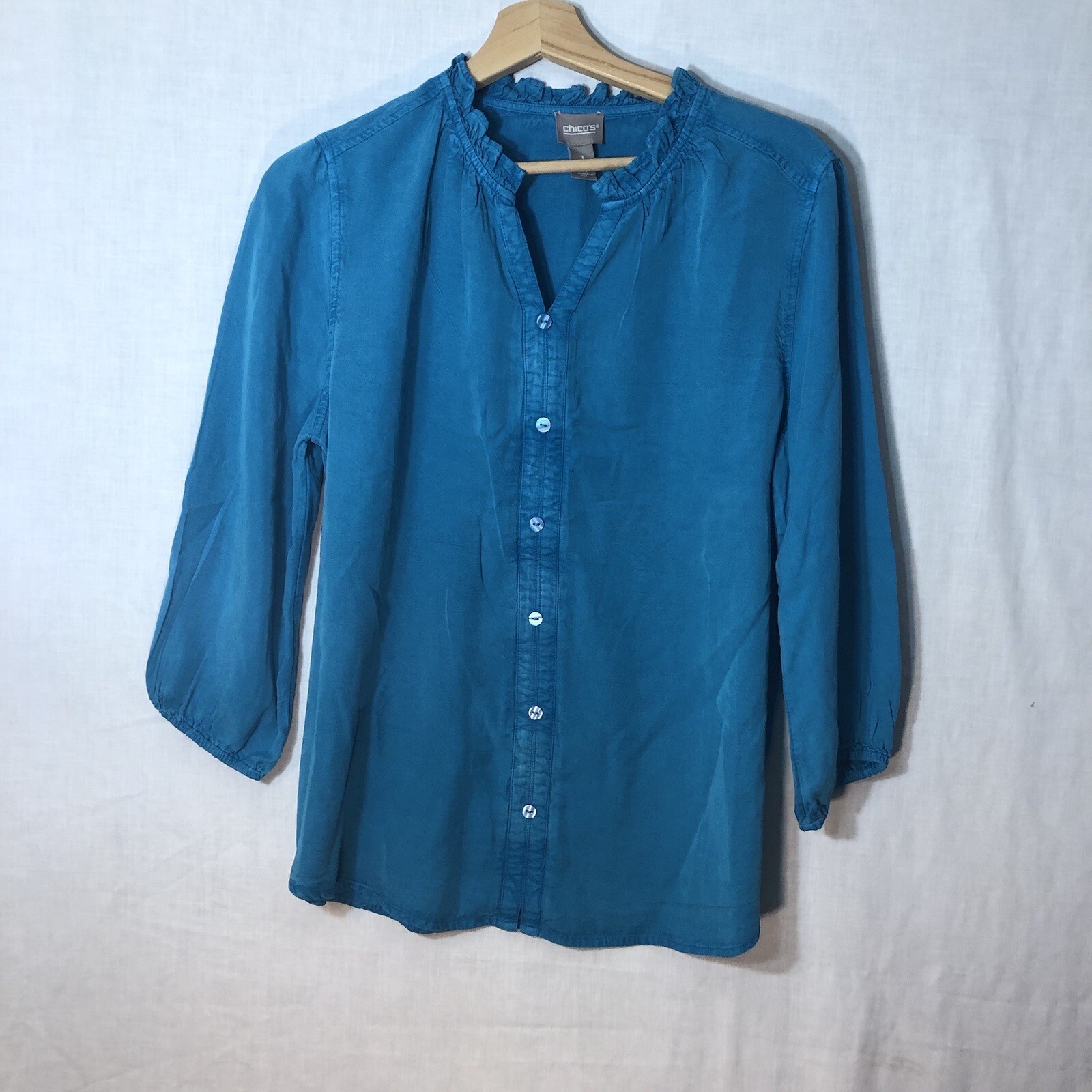Chico's Size 1 Dark Turquoise Faux Button Up Shirt Ruffled Neck | eBay