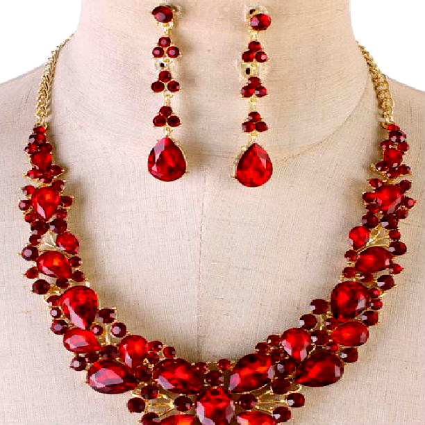 HIGH END RED CHUNKY GLASS CRYSTAL WEDDING FORMAL NECKLACE JEWELRY SET ...