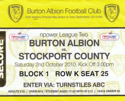 Ticket - Burton Albion v Stockport County 02.10.10 | eBay