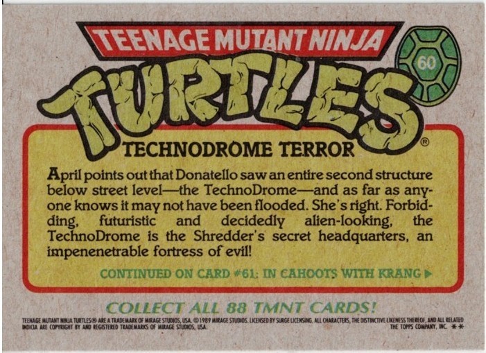 Teenage Mutant Ninja Turtles #60 Trading Card Technodrome Terror 1989 ...
