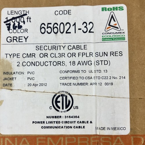 750ft Condumex 18 AWG 2C Stranded Unshielded CMR/CL3R/FPLR Security ...
