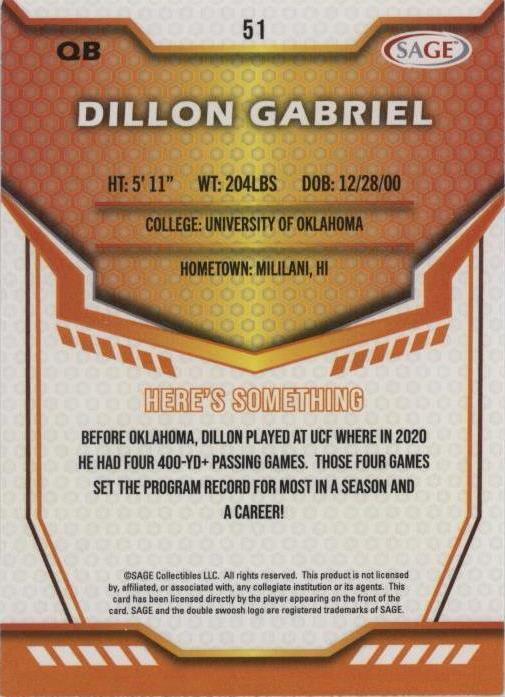 2024 SAGE HIT Low Series Dillon Gabriel #51 | eBay