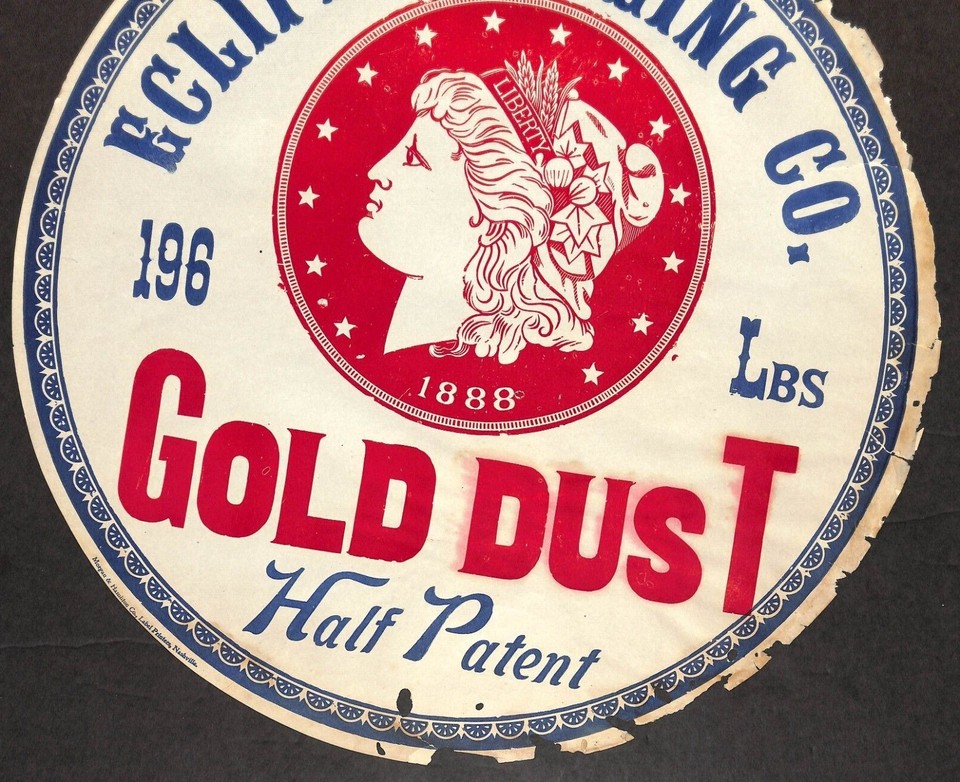 Eclipse Milling Half Patent Gold Dust Flour Barrel Label 16" dia. 1888 ...
