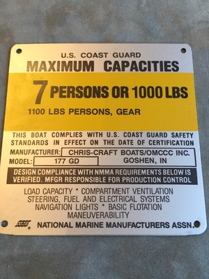 OMC Chris Craft 177 GD Boat Capacity Plate~Tag~7 Persons or 1000 Lbs | eBay