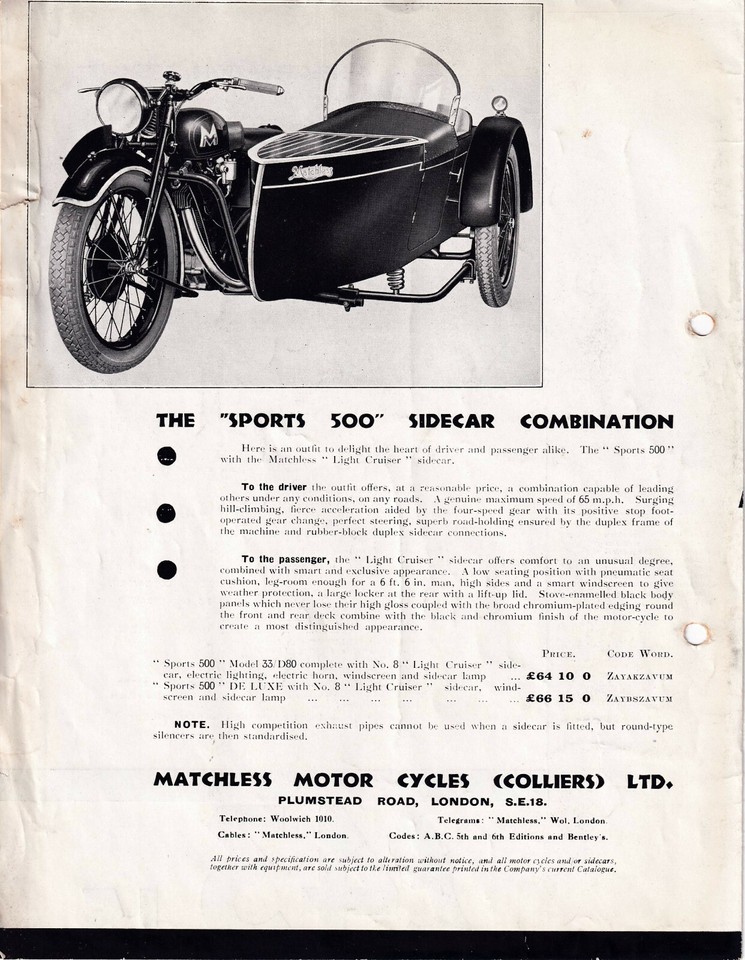 THE NEW MATCHLESS "SPORTS 500" MOTOR CYCLE & SIDECAR BROCHURE. | eBay UK