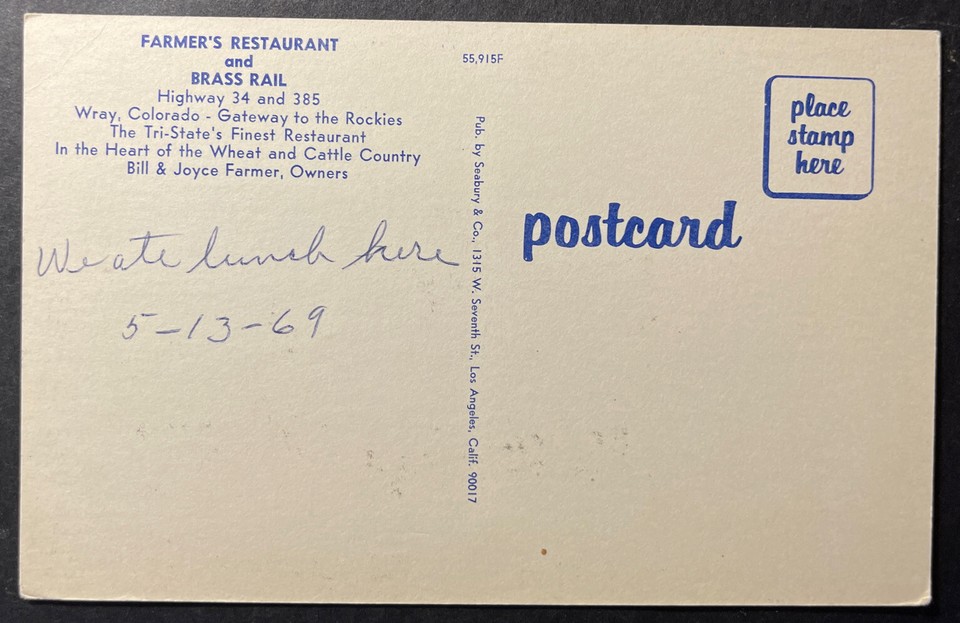 Farmer's Restaurant and Brass Rail Wray Colorado chrome hand-dated 1969 ...