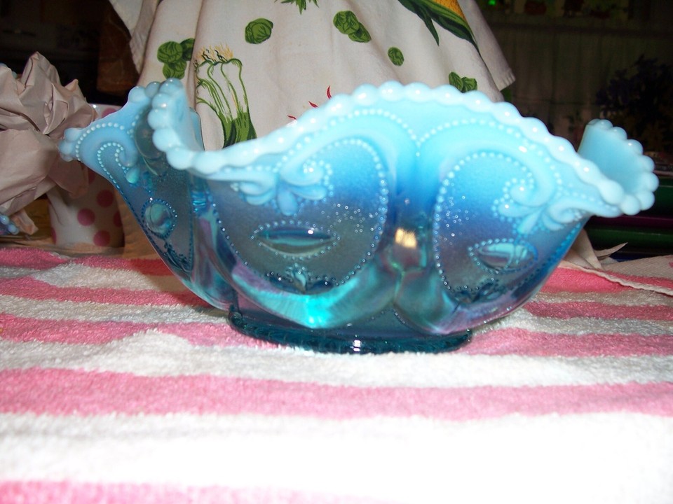 Fenton Opalescent Aqua Blue Hobnail Fruit Bowl w Beaded Ruffle Edges ...