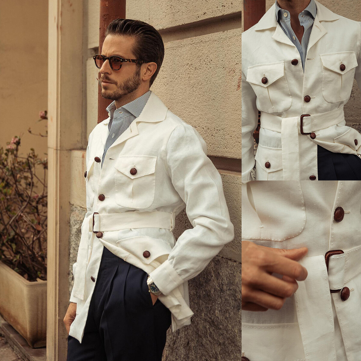 Linen Beige Men's Safari Jacket With Belt Formal Causal Sport Hunting ...