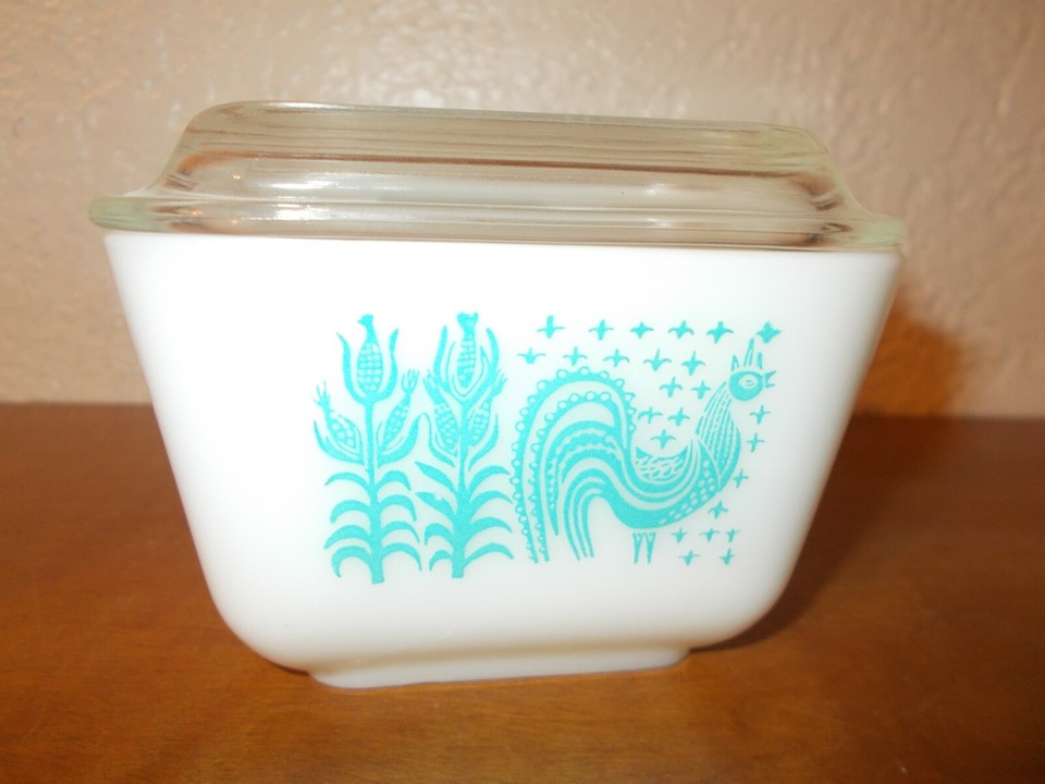 Pyrex Amish Butter Print 501 B 1 1/2 Cup White Turquoise Dish w/Lid | eBay