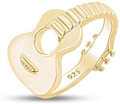 14k Yellow Gold Plated Silver Music Acoustic Guitar Ring for Mens or ...