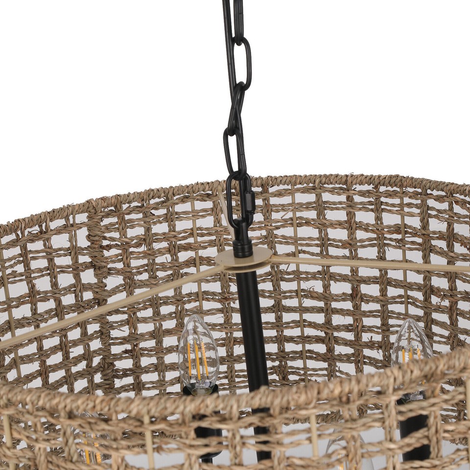 Vintage Rattan Swag Lamp Light Pendant Chandelier Boho Bamboo Mid ...