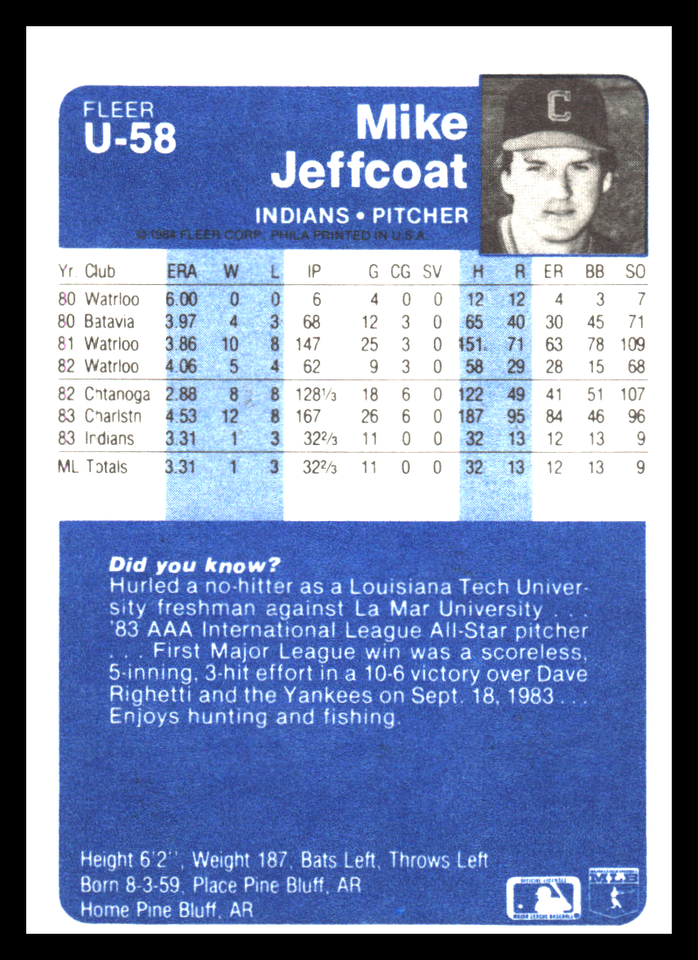 1984 Fleer Update #U-58 Mike Jeffcoat Cleveland Indians | eBay