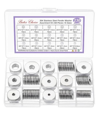 Bates- Fender Washers Assortment Kit, 230 Pcs, Stainless Steel Flat ...