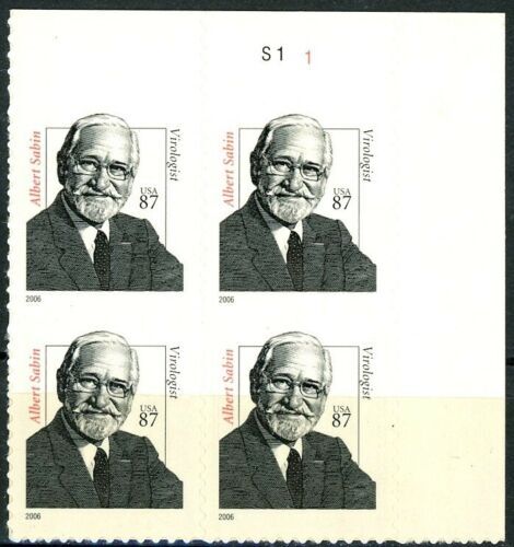 2006 Dr Albert Sabin, Polio Vaccine Plate Block of 4 87c Stamps, Sc ...