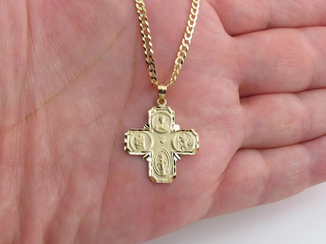 14k Solid Yellow Gold 4 Way Saints Cross Pendant Necklace 16" 18" 20 ...