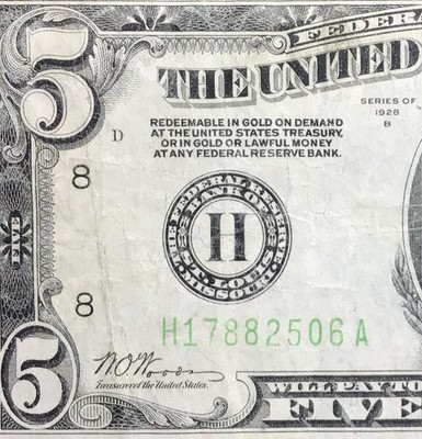 1928B $5 "LIME" Green "Redeemable in GOLD" "BIG H" "St. Louis" FINE ...